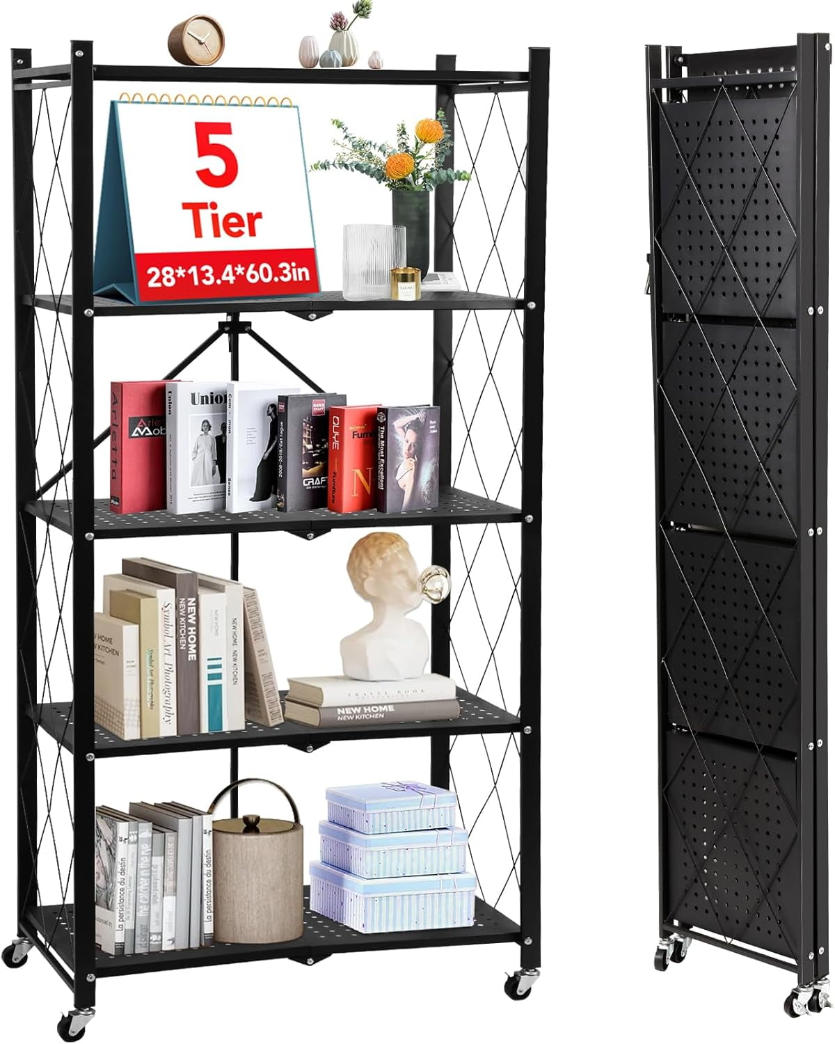 YixangDD 5-Tier Foldable Storage Shelf with Wheels, No Assembly Metal ...