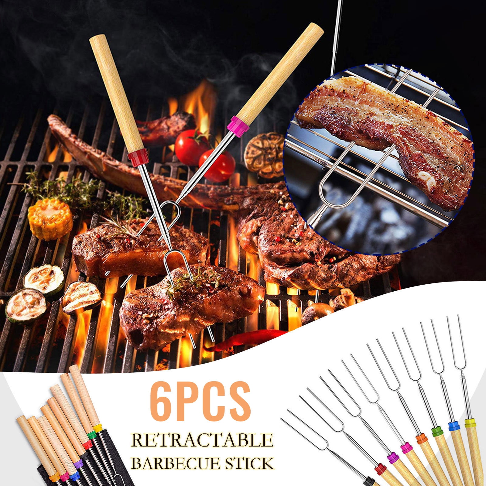Yixiongkeji 6Pcs BBQ Retractable Barbecue Fork Stainless Steel Grilled ...