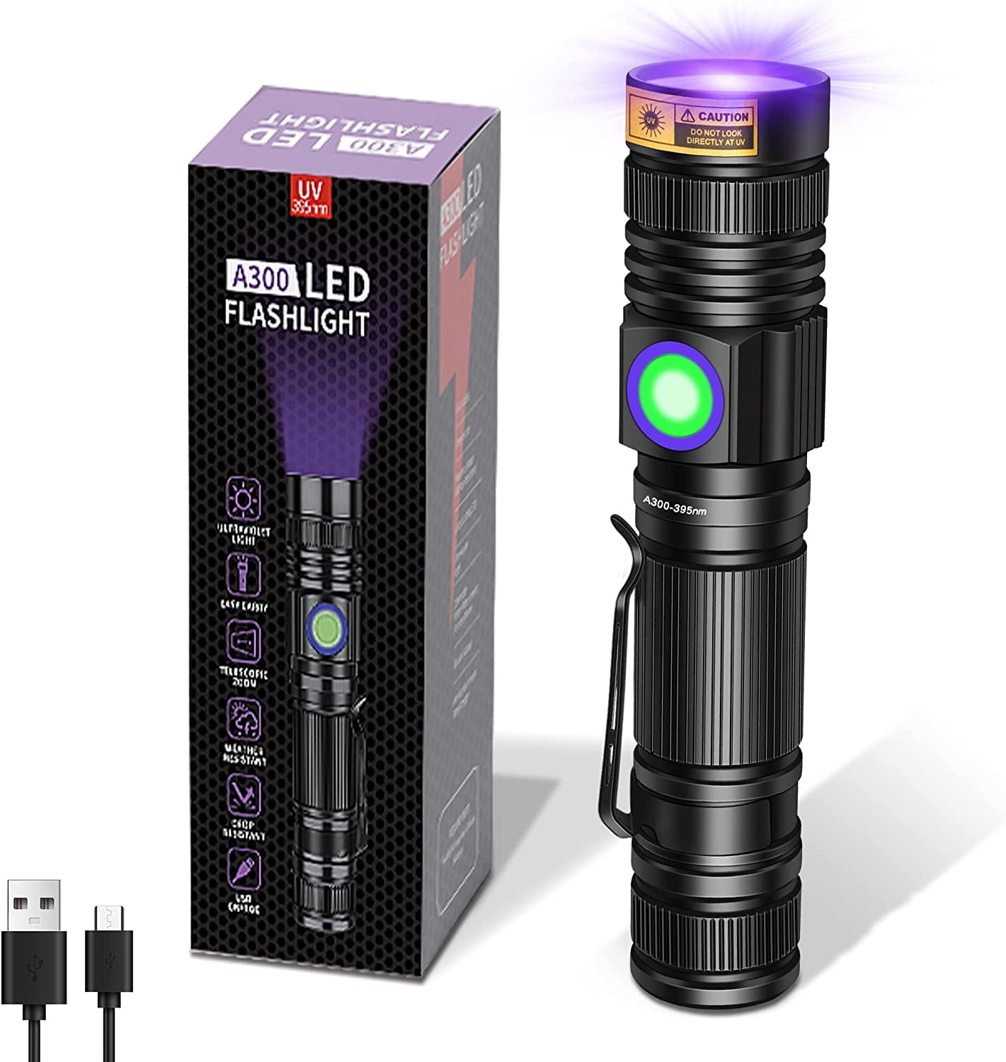 Yiyang UV 395nm Black Light Flashlight USB Rechargeable Woods lamp ...