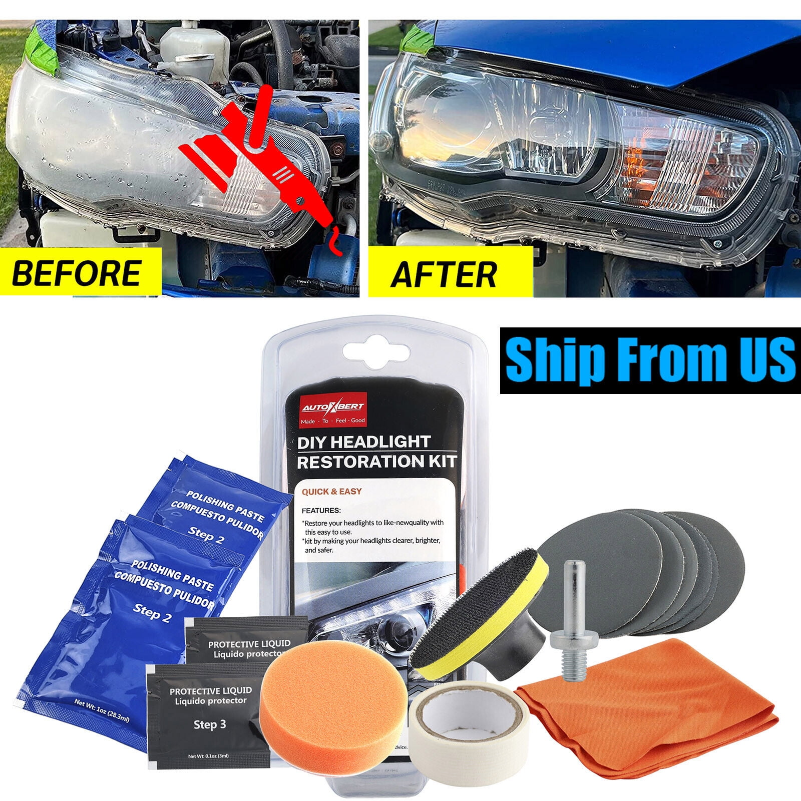 AUTOXBERT Car Lens Headlight Restoration Kit Polishing Sanding Cleaner ...
