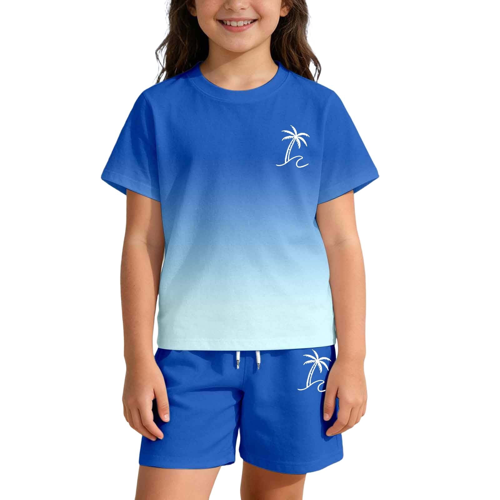 Yiyuu Girls Casual Gradient Outfit Set Summer Coconut Tree Print Short ...