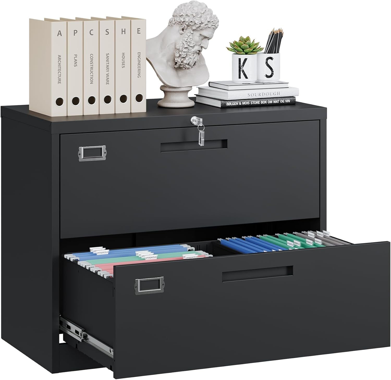 Yizosh 2 Drawer Black File Cabinet with Lock, Filing Cabinet for Home Office, Metal Locking ...