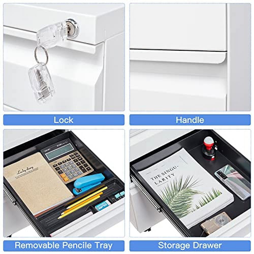 Yizosh 3 Drawer Mobile File Cabinet with Lock, Black Under Desk Rolling ...