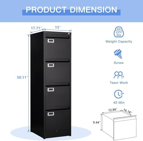 Yizosh 4 Drawer Black File Cabinet with Lock, Filing Cabinets for Home ...