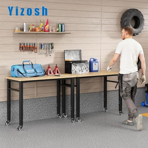 Yizosh 48" Adjustable Workbench, Portable Workbench with Wheels, Rubber ...