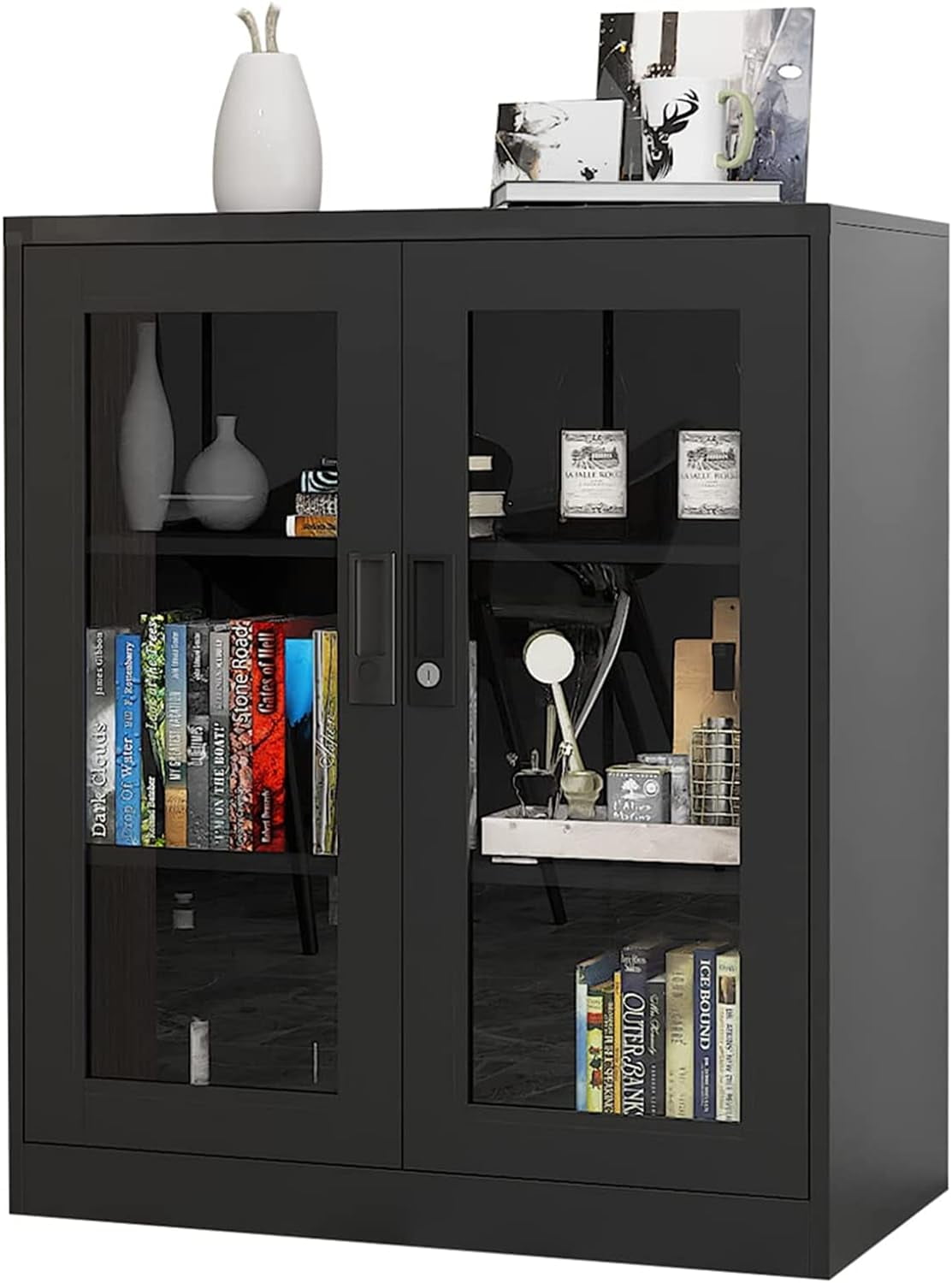 Yizosh Metal Storage Cabinet with Glass Doors - 35.4" Locking Display ...