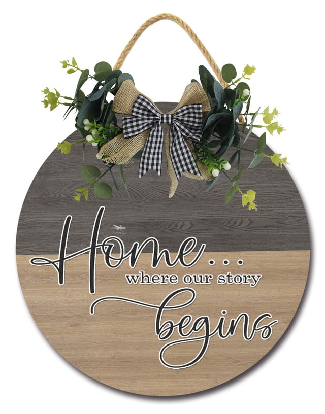 Yjiankangz Door Sign Home Where Our Story Begins Wood Sign Rustic Farmhouse Style Plaque 11 ...