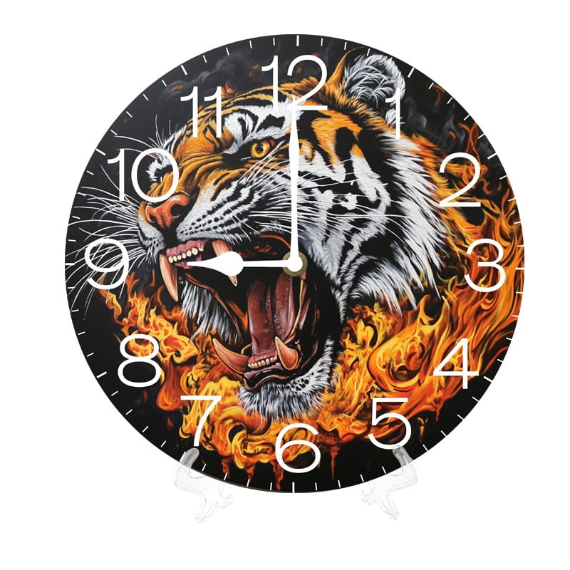Yjiankangz Fire Tiger 10 inch Silent Non-Ticking Round Wooden Wall ...