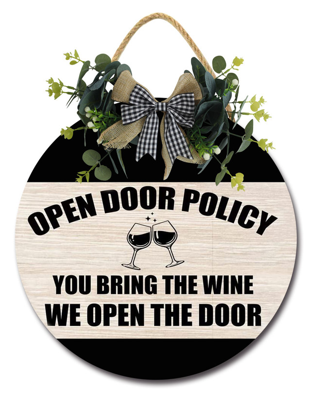 Yjiankangz Open Door Policy Bring Wine Sign for Front Door Hanging ...