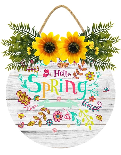 Yjiankangz Round 12 Inch Hello Spring Door Plaque Sign for Front Porch ...