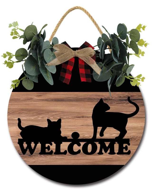 Yjiankangz Welcome Cats Sign for Front Door Hanging Seasons Sign ...