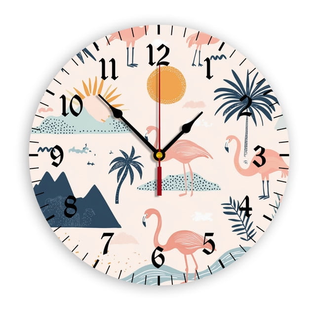 YladaFaie 12 Inch Tropical Flamingo Round Wall Clock Non-Ticking Silent ...