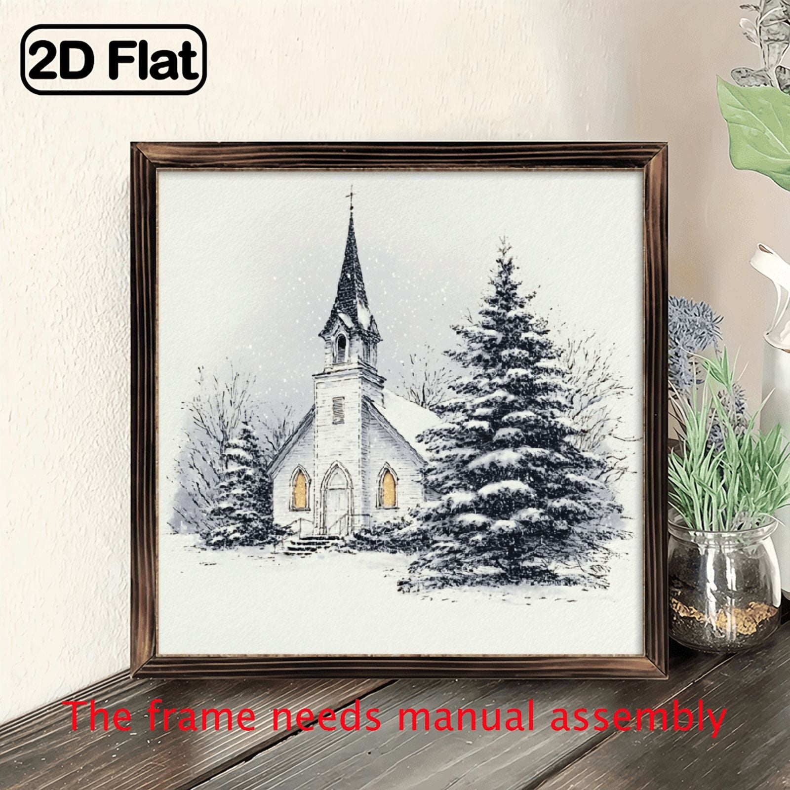 Yllo0ord 2D Flat, 1pc 8x8 Inch Rustic Wooden Frame, Winter Church Scene ...