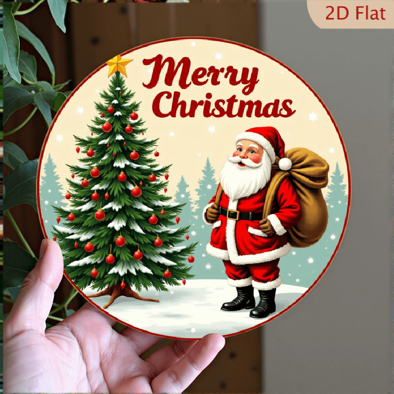 Yllo0ord Round Tin Signs Christmas Santa Wreath Sign Metal Wreath Sign ...