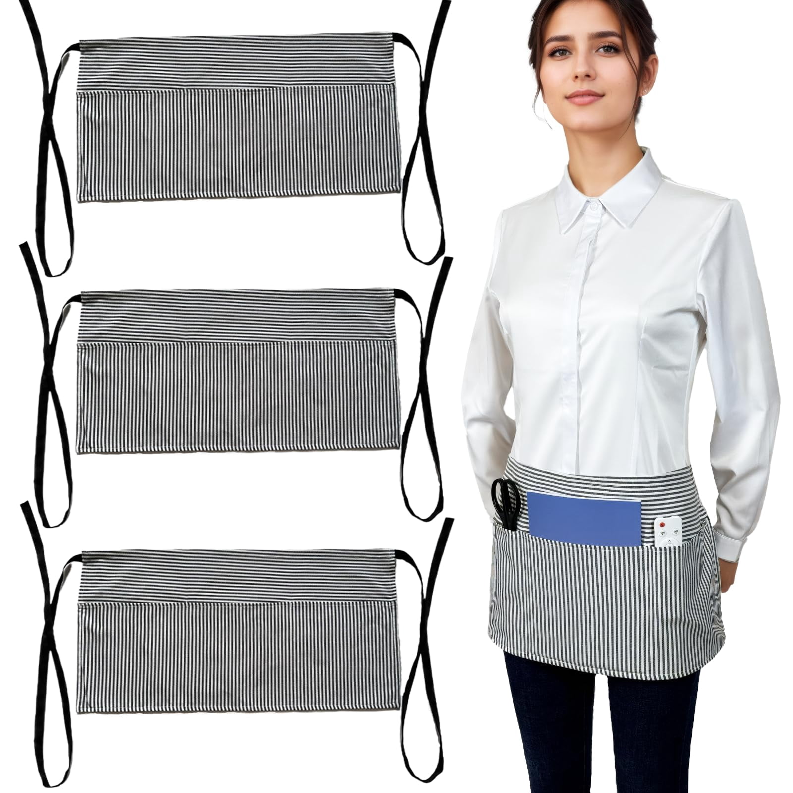 Yloxuf 3 Pack Waist Apron with 3 Pockets, Stripes Half Apron, Waitress ...