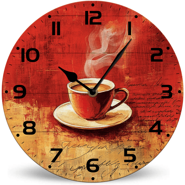 Ymaotrade Red Vintage Coffee Wall Clock, Wood Wall Clock 10in Battery ...