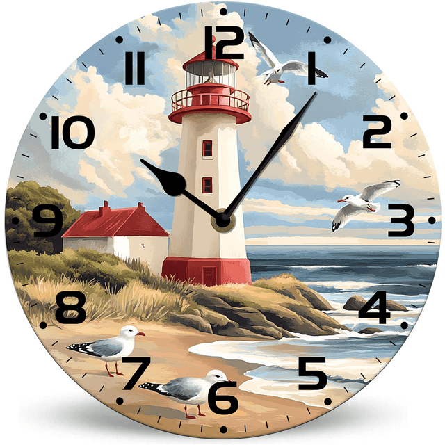 Ymaotrade Seaside Cottage Lighthouse Wood Wall Clock 10in Battery ...