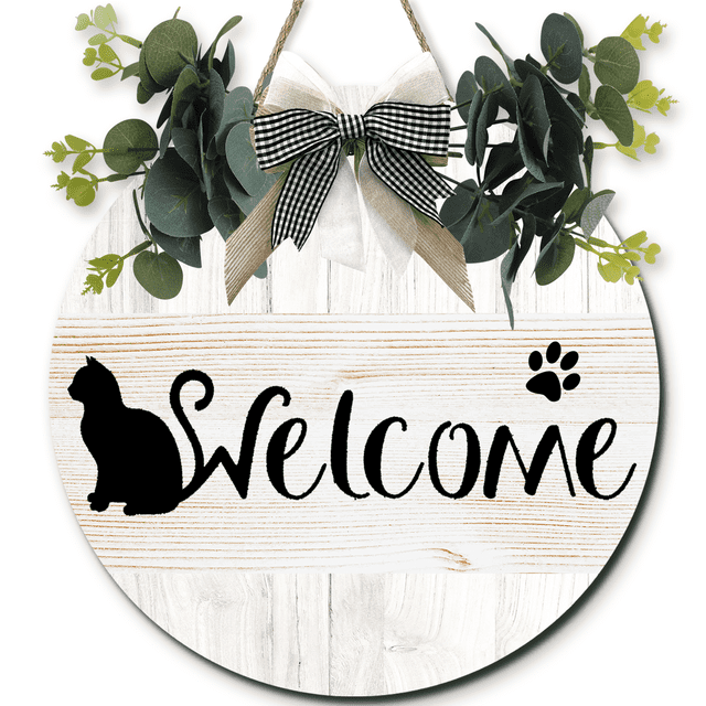 Ymaotrade Wood Funny Cat Welcome Sign for Front Door Round Wood Wreaths ...