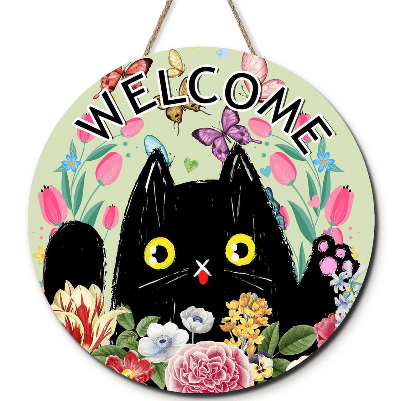 Ymaotrade Wood Spring Summer Welcome Cat Sign Round Wood Wreaths 12 ...