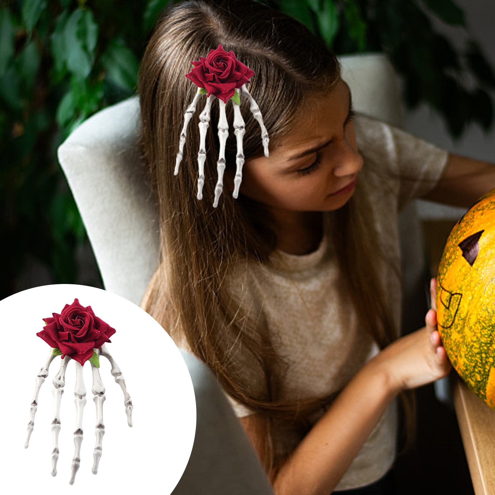 Ympuoqn Halloween Party Rose Skeleton Hand Hair Cards Costume Matching ...