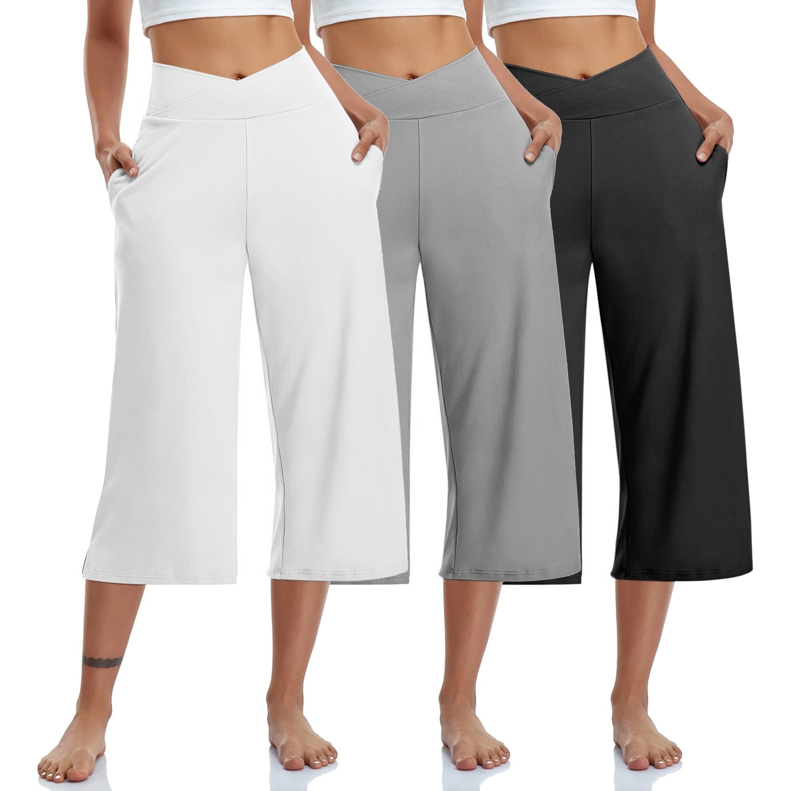 Ynynloco 3 Pack Women's Wide Leg Yoga Pants Crossover High Waist Casual ...