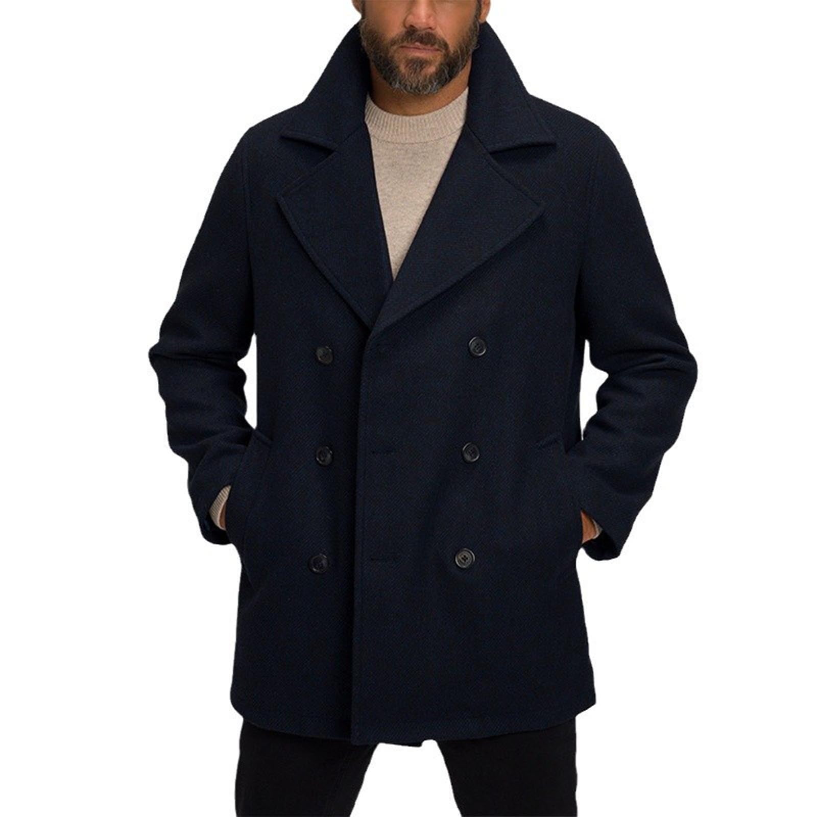 Ynynloco Mens Trench Coat Wool Blend Double-Breasted Notch Lapel Long ...
