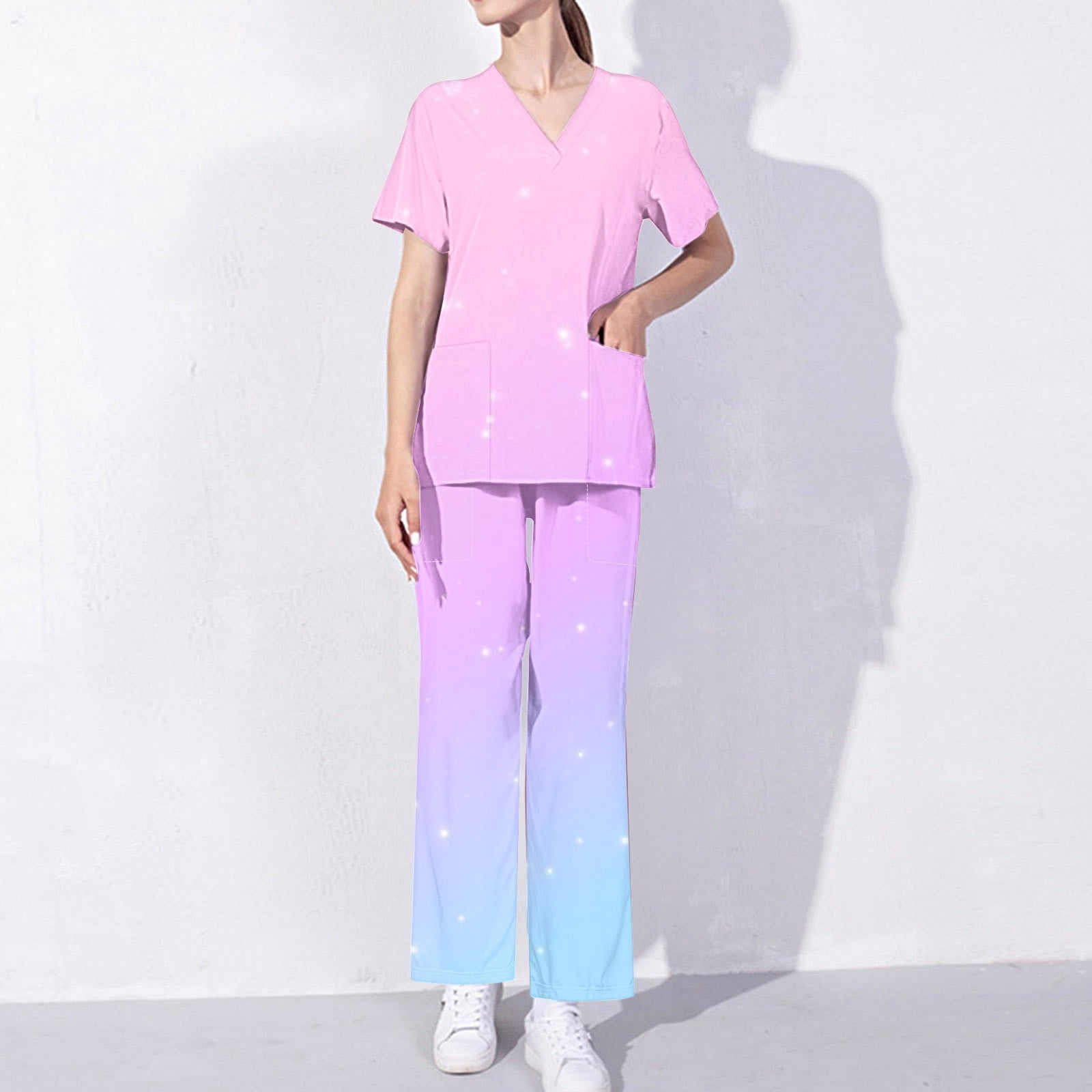 Ynynloco Scrubs for Women Set - Gradient Color Stretch V-Neck Scrub Top ...