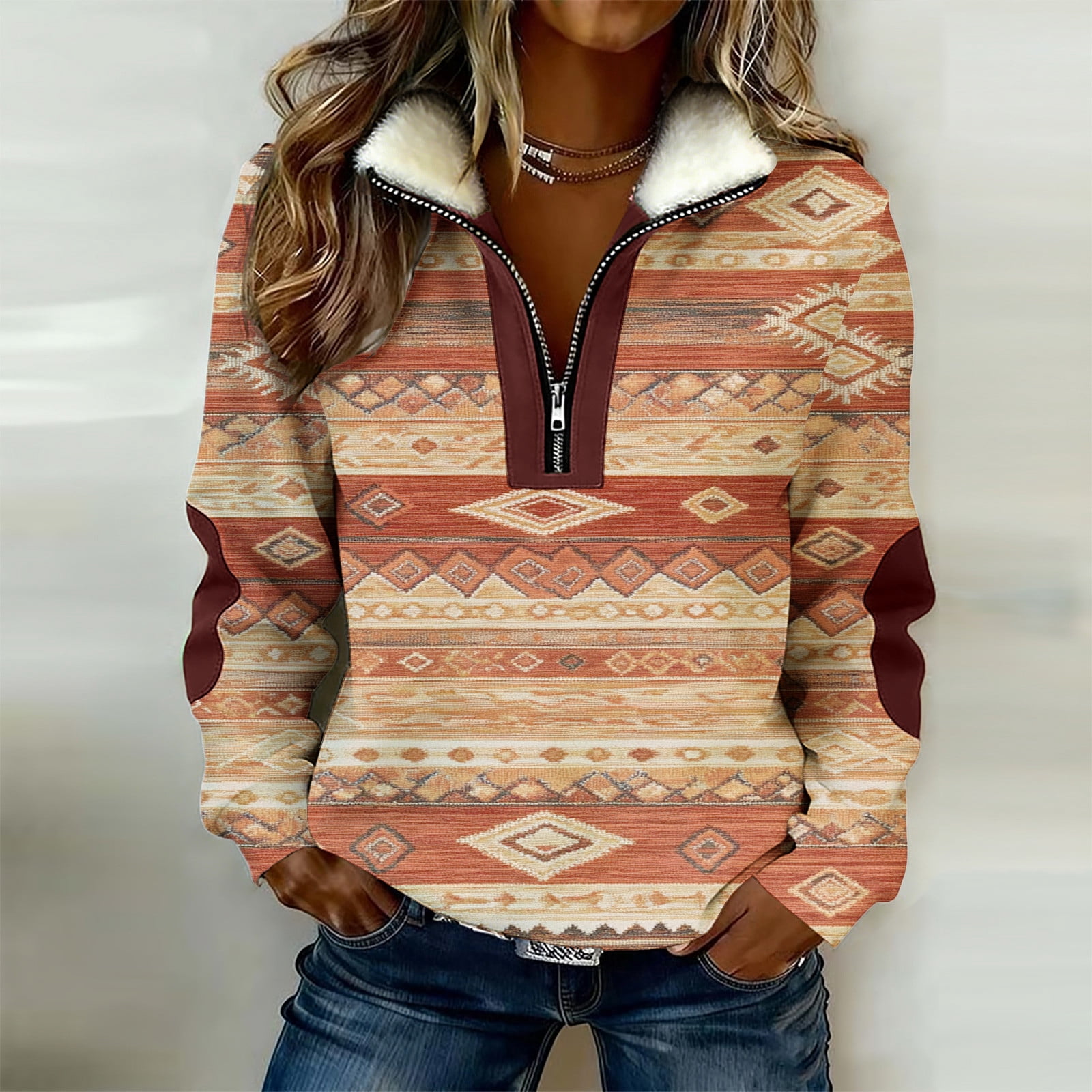 Ynynloco Women's Aztec Print Half-Zip Fleece Top Fluffy Collar Tribal ...
