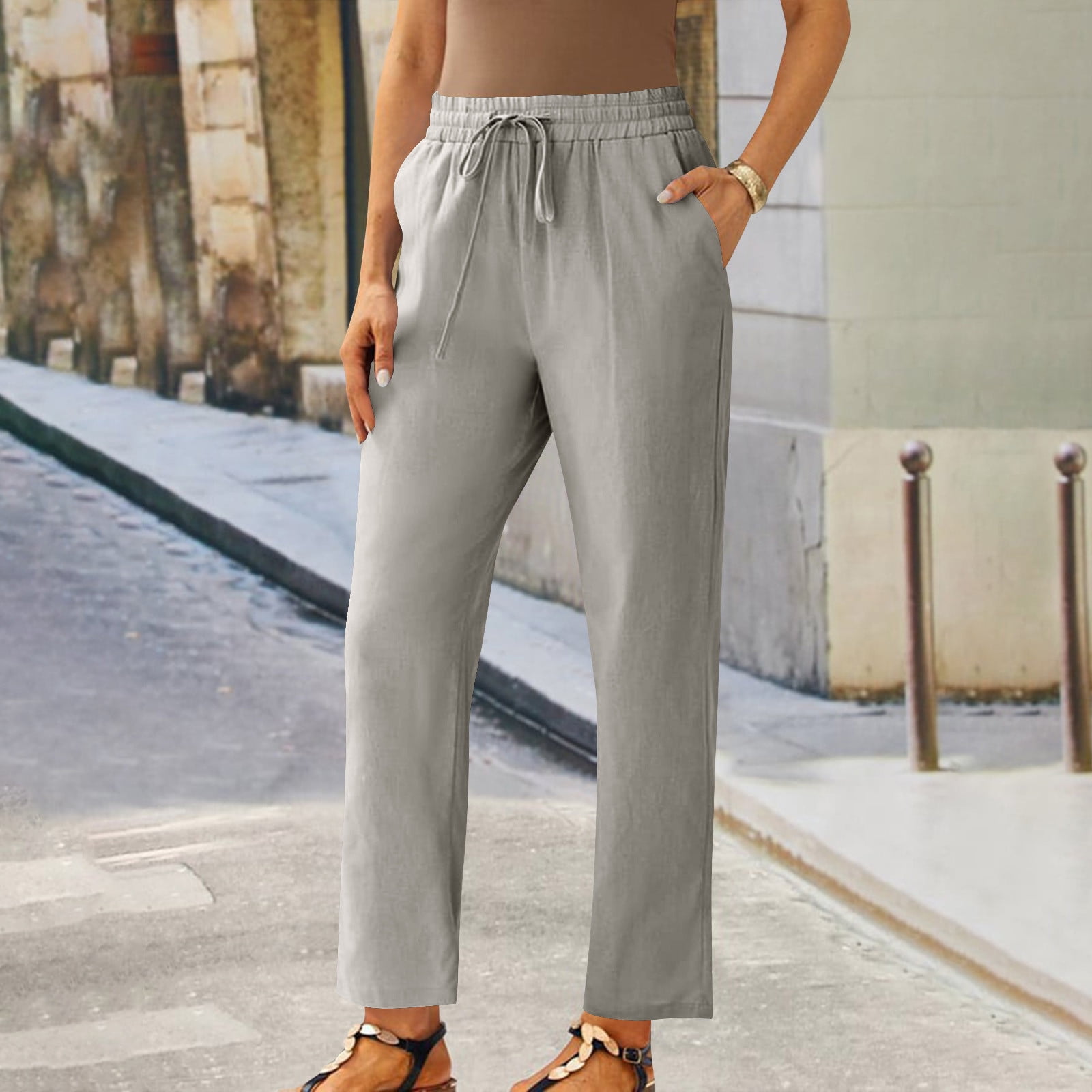 Ynynloco Women's Linen Drawstring Pants Stretch Ankle Golf Pants 7/8 ...