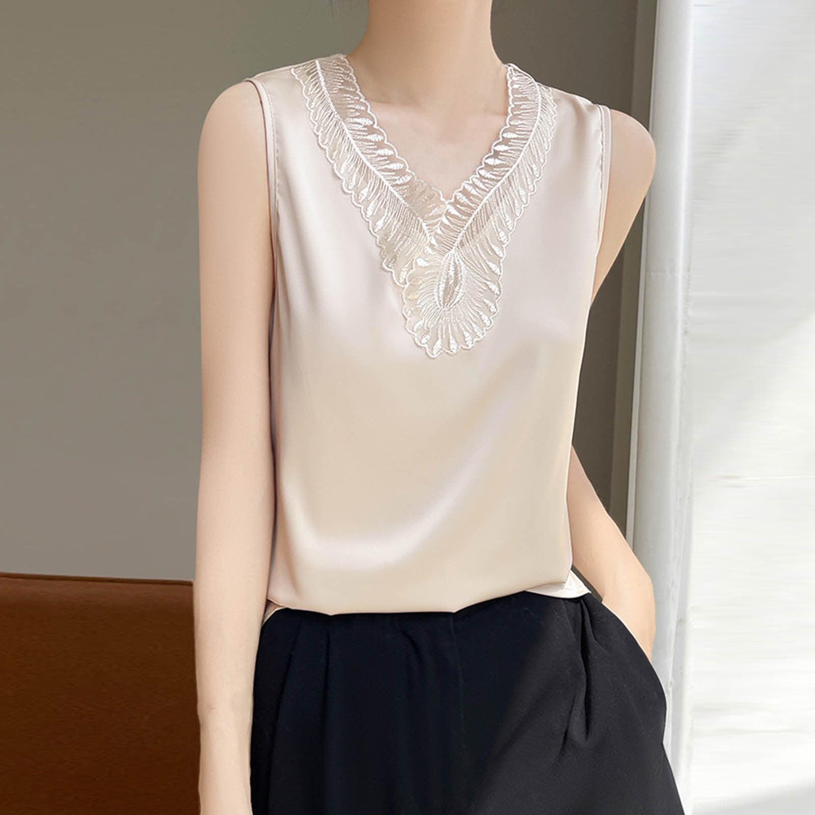 Ynynloco Womens Silk Satin Lace Camisole Tank Tops Summer Cami Camisole Blouses Shirts V Neck ...