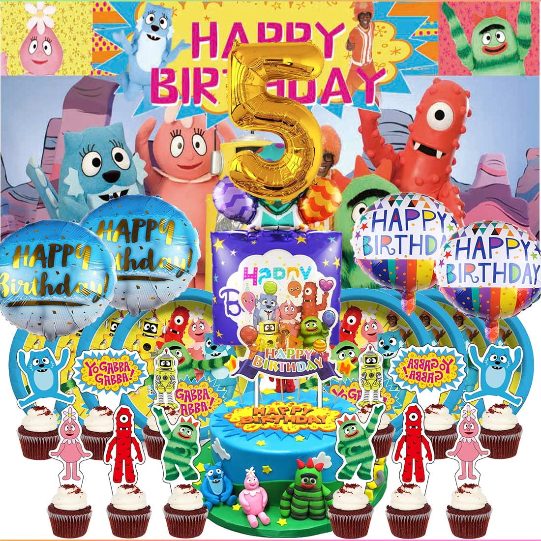 Yo Gabba Gabba 5th Tableware Balloons Cake Toppers Backdrop Banner ...
