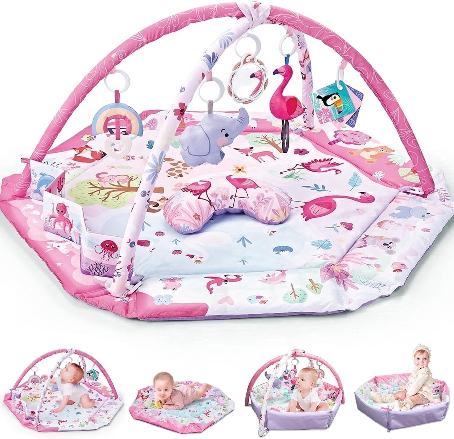 KOPPOP Baby Play Gym, 4-in-1 Tummy Time Mat with Sensory Toys, Pink ...
