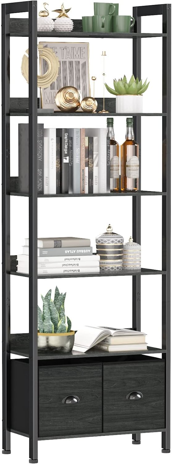 Yodudm 6-Tier Bookshelf, Tall Rustic Bookcase with 2 Drawers Storage Organizer, Industrial ...