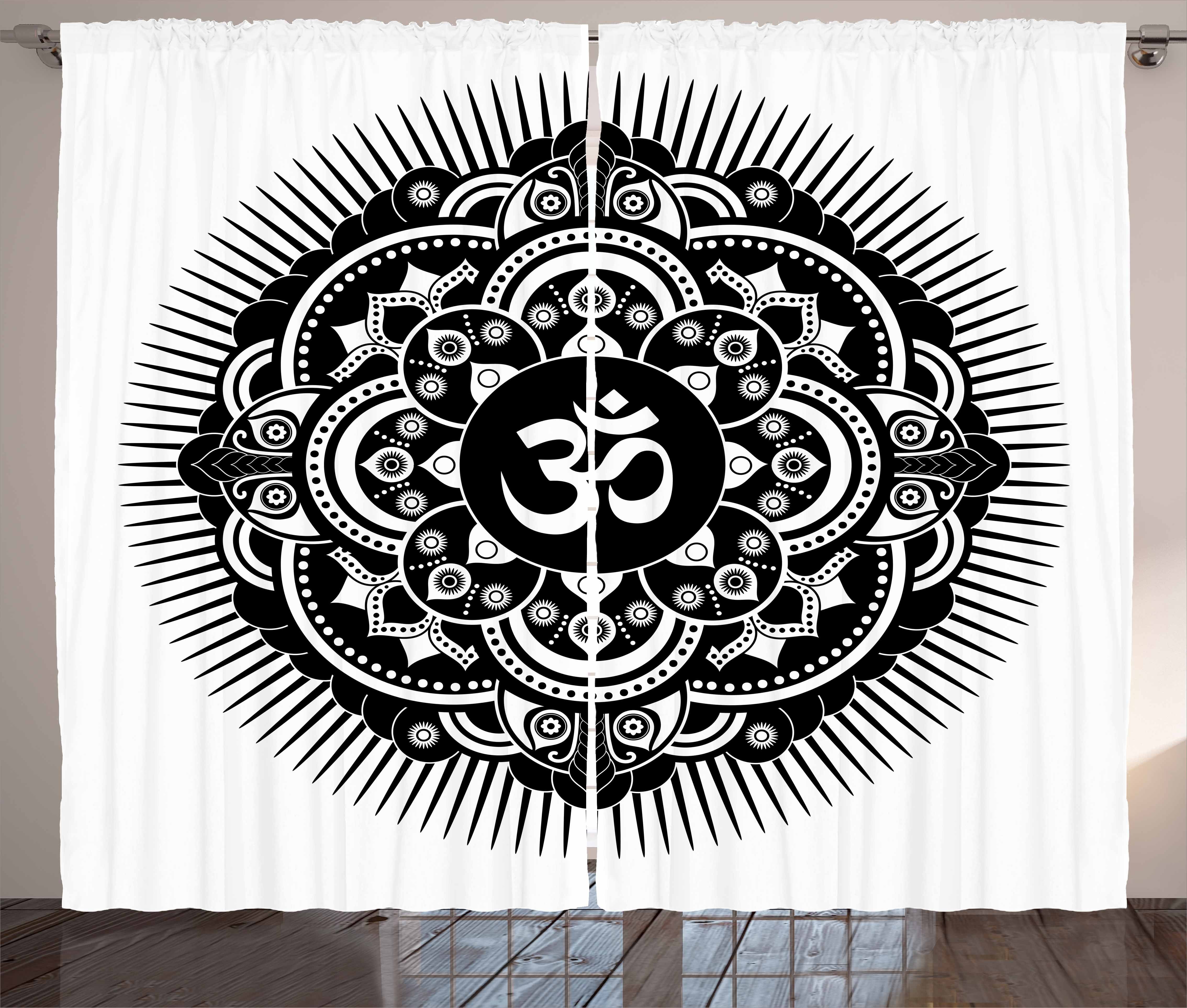 Yoga Curtains 2 Panels Set, Monochrome Henna Tattoo Art Style Mandala ...