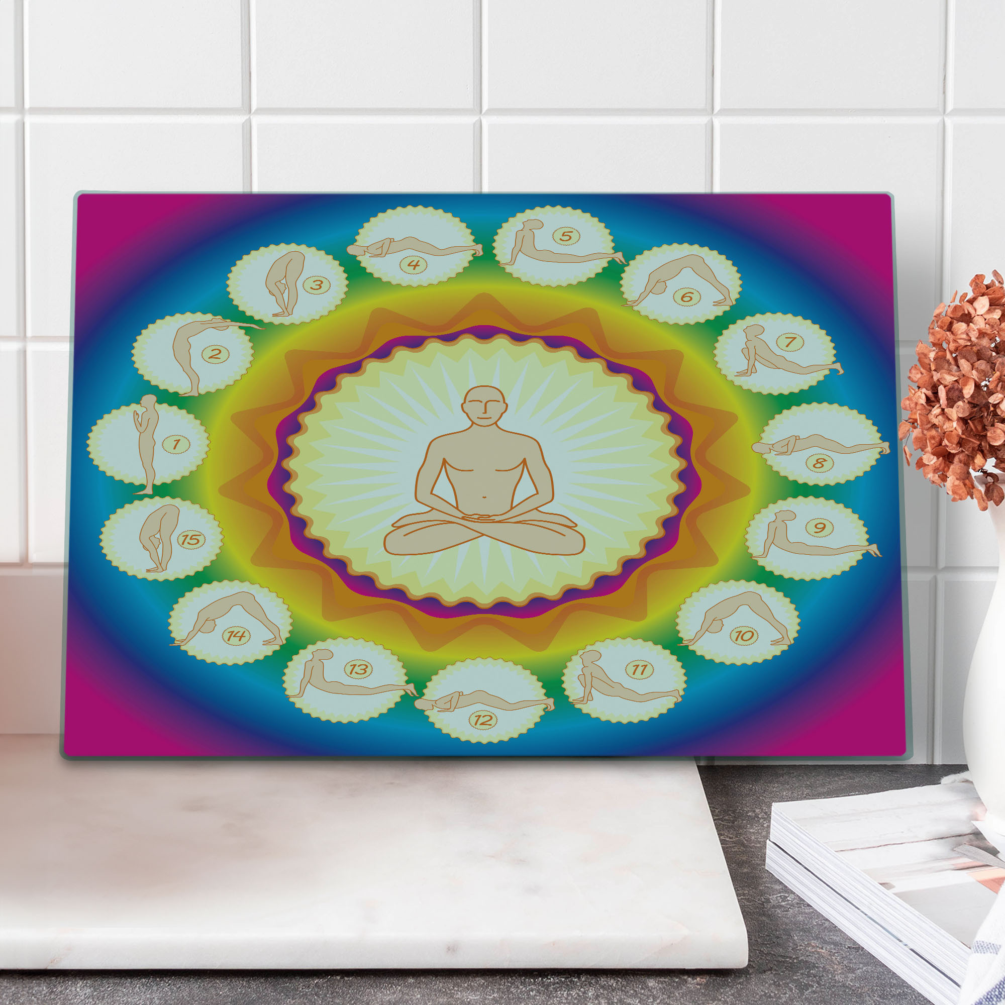 Yoga Cutting Board, Yogi in the Lotus Posture and Exercises in Several ...