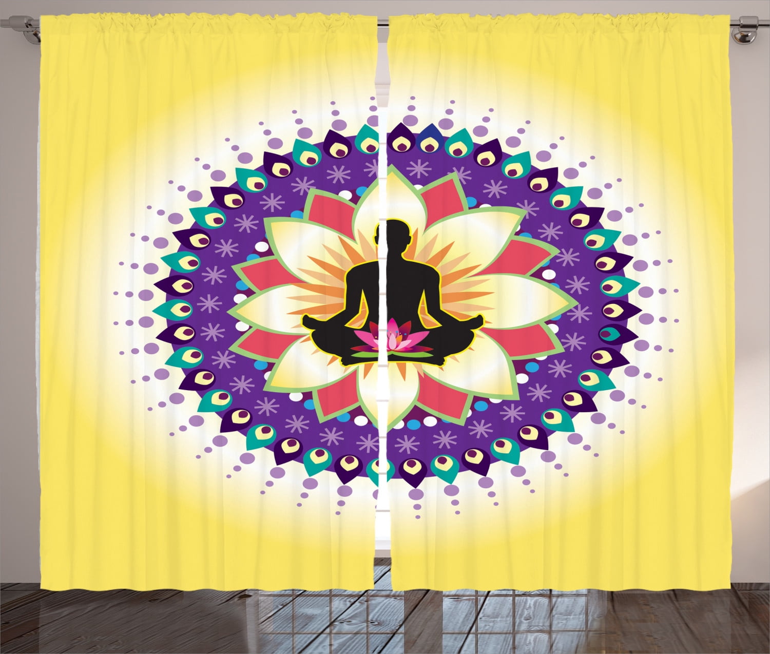 Ambesonne Yoga Curtains 2 Panel Set, Round Circle Lotus, 108" x 90 ...