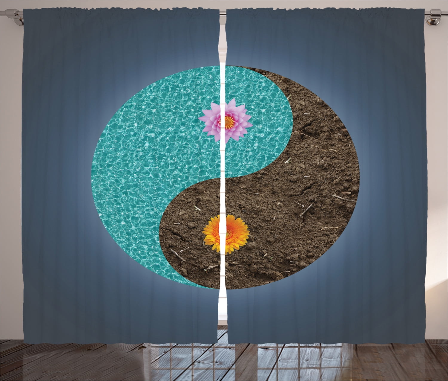 Ambesonne Yoga Curtains 2 Panel Set, Yin Yang Flower Teal Brown, 108" x ...