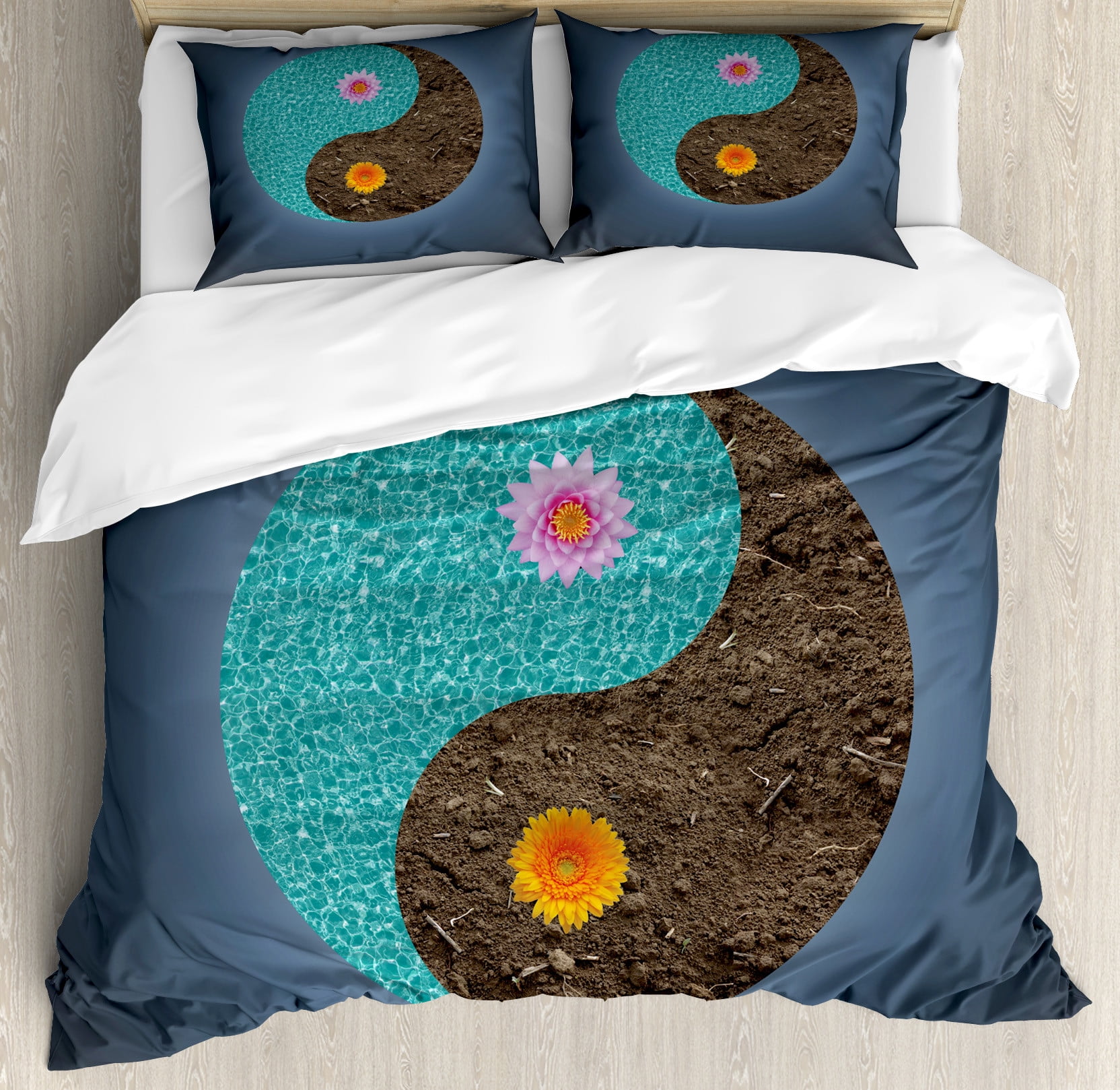 Yoga Duvet Cover Set, Yin Yang with Flowers Peace Balance Earth ...