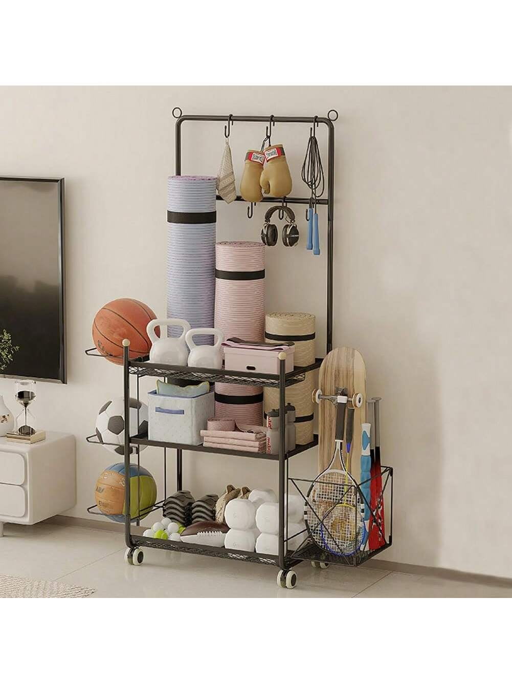 Yoga Mat Holder - 3 Tier Storage Rack with Ball Cage Movable Design for ...