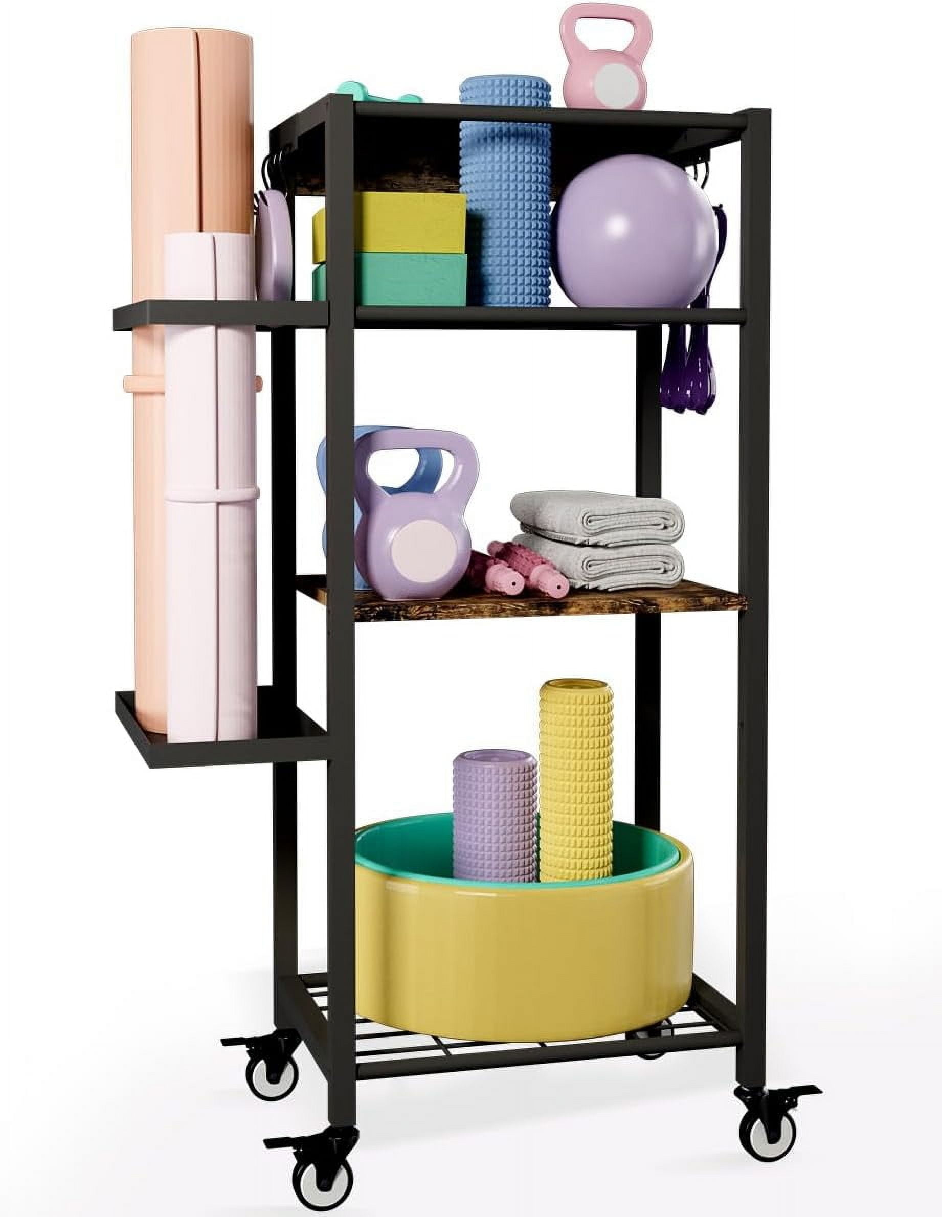 Yoga Mat Storage Rack with Wheels, 3 Tier Home Gym Workout Equipment ...