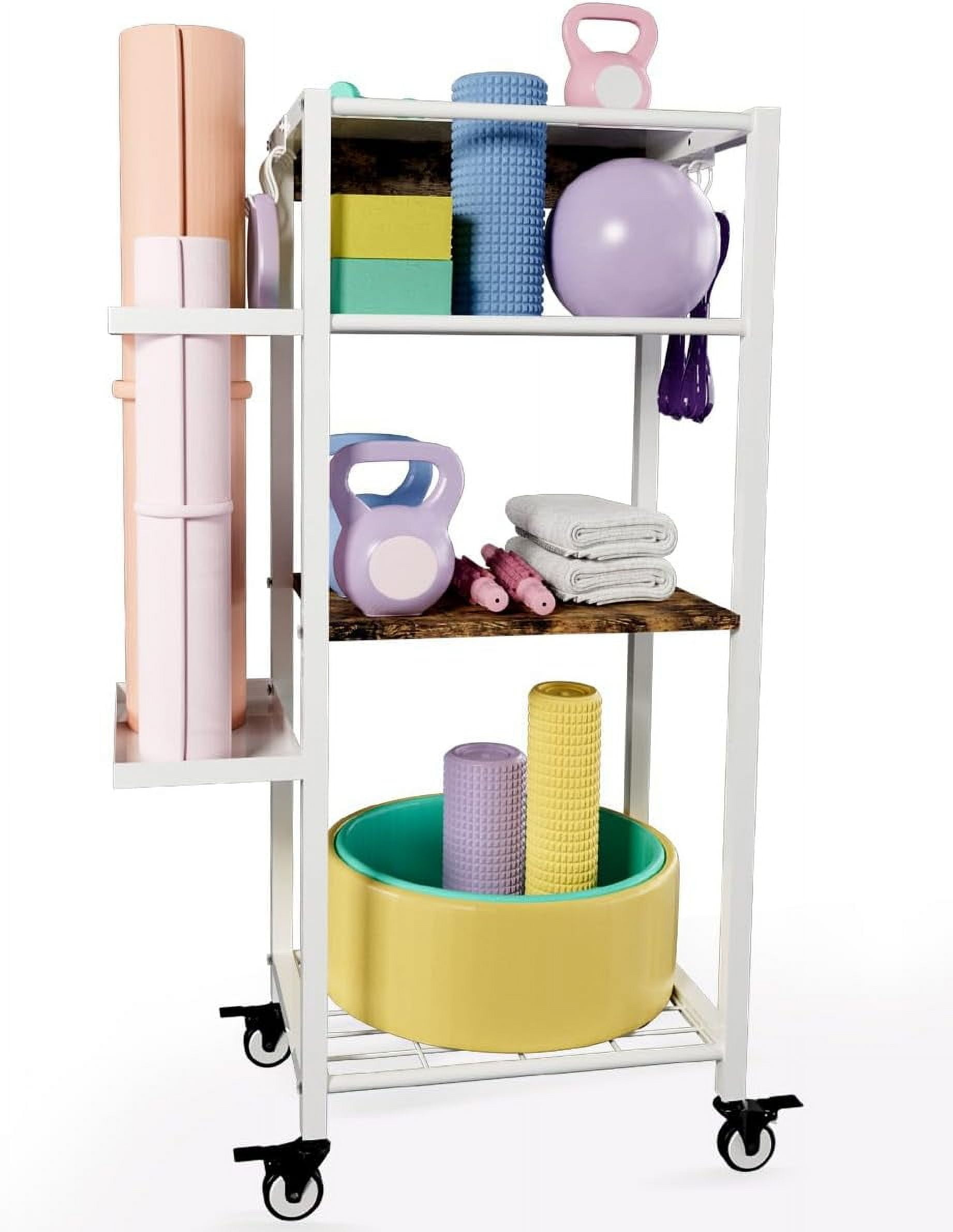 Yoga Mat Storage Rack with Wheels, 3 Tier Home Gym Workout Equipment ...