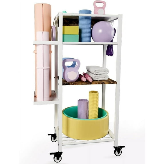 Yoga Mat Storage Rack with Wheels, 3 Tier Home Gym Workout Equipment ...