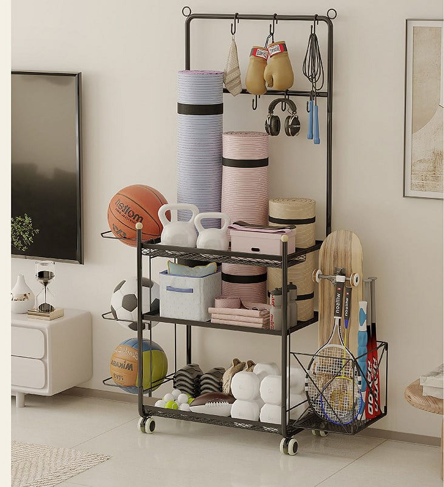 Yoga Mat Storage Racks with Hooks and Wheels, 3 Tier Movable Equipment ...