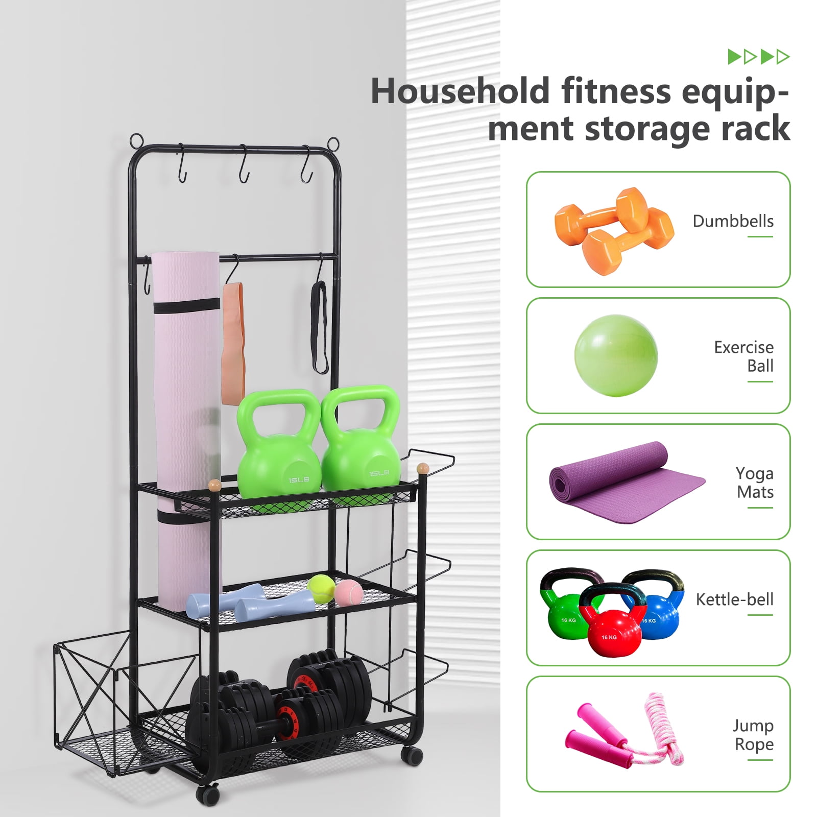 Yoga Mat Storage Racks with Hooks and Wheels, 3 Tier Movable Equipment ...