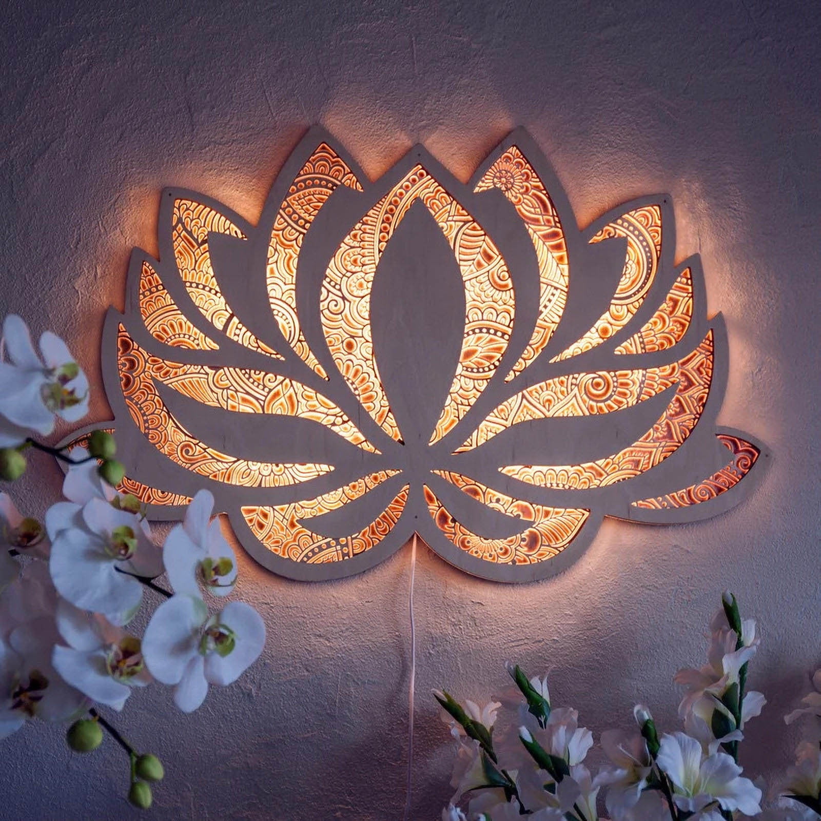 Yoga Room Ambiance Night Light with LED, 11.8 Inch Diameter Handmade Wooden Decor, Relaxing Mood ...