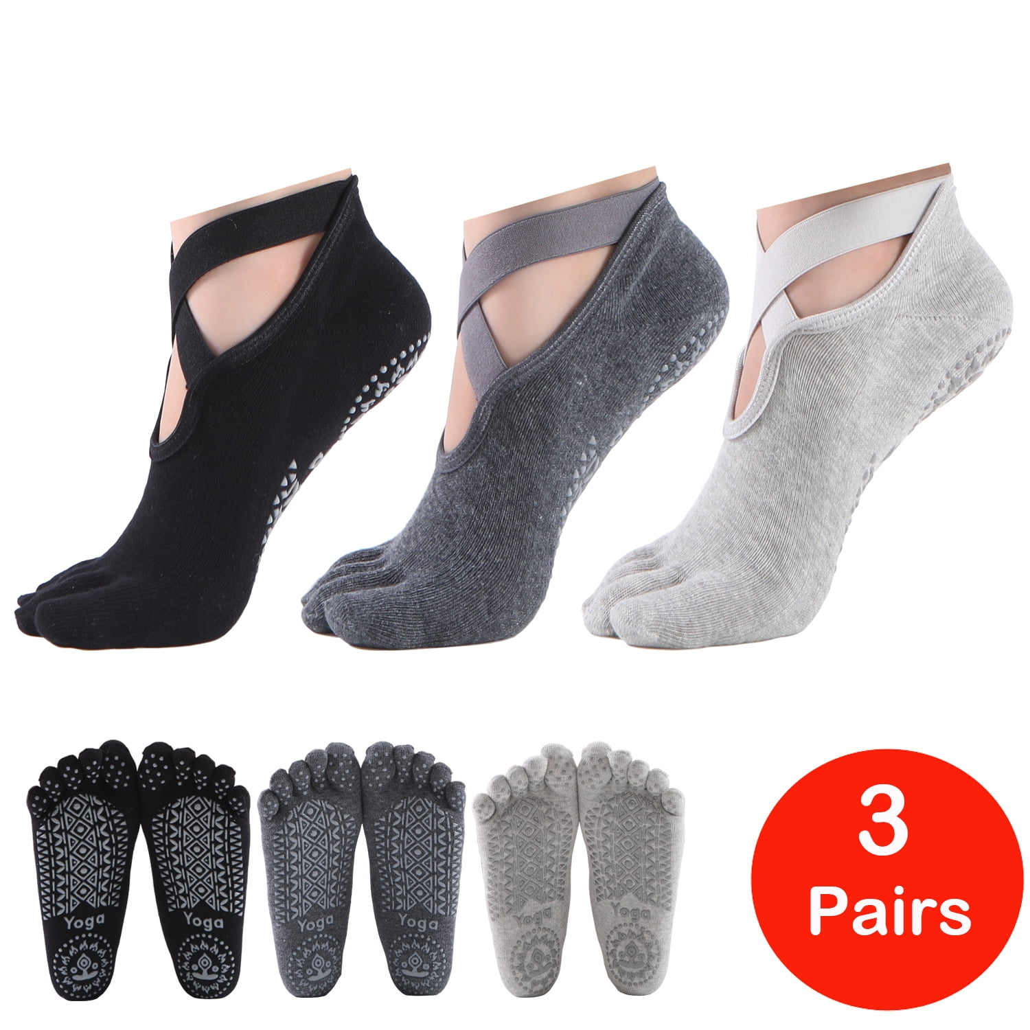 Yoga Socks for Women 3 Pairs Non-Slip Grips & Straps，Clasped Pilates ...