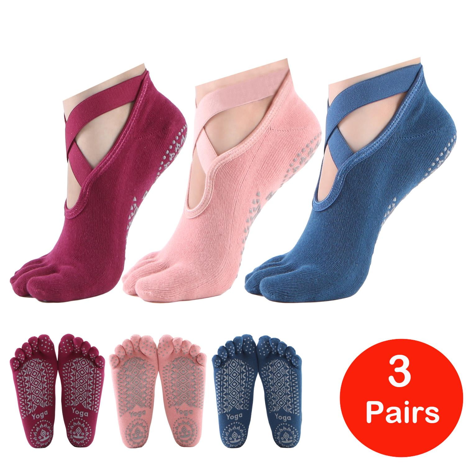 Yoga Socks for Women 3 Pairs Non-Slip Grips & Straps，Clasped Pilates ...