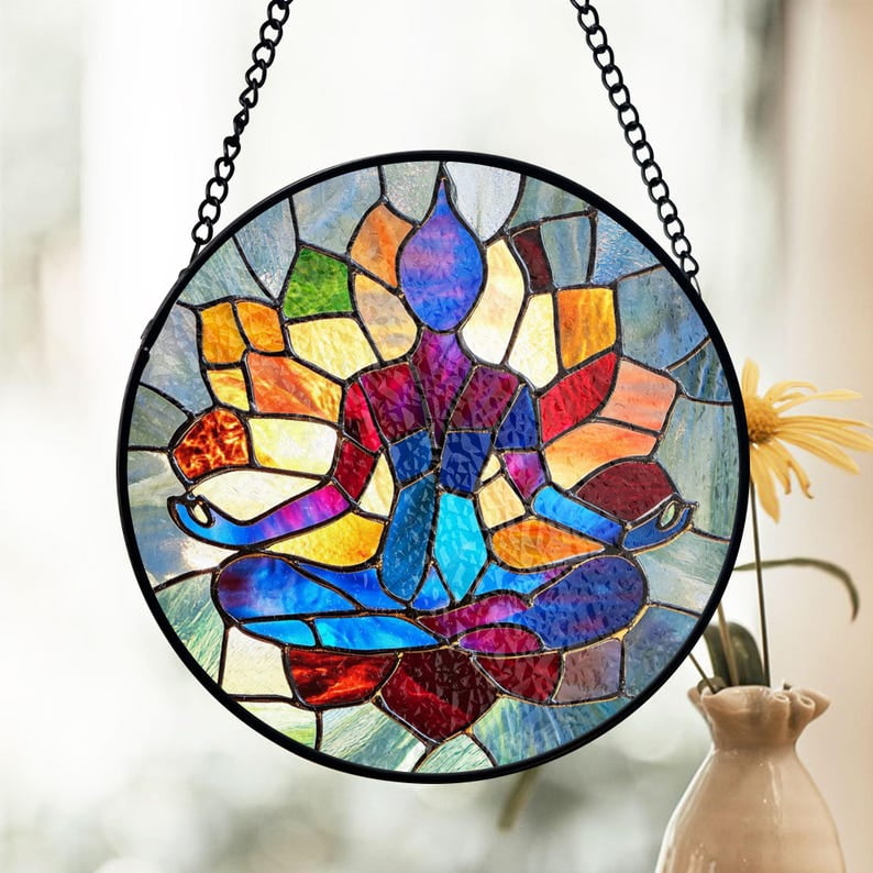 Yoga Stained Glass Suncatcher, Chakra Meditation Window Art, Lotus Zen ...