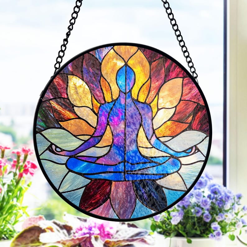 Yoga Stained Glass Suncatcher, Lotus Meditation Window Hanging, Chakra ...