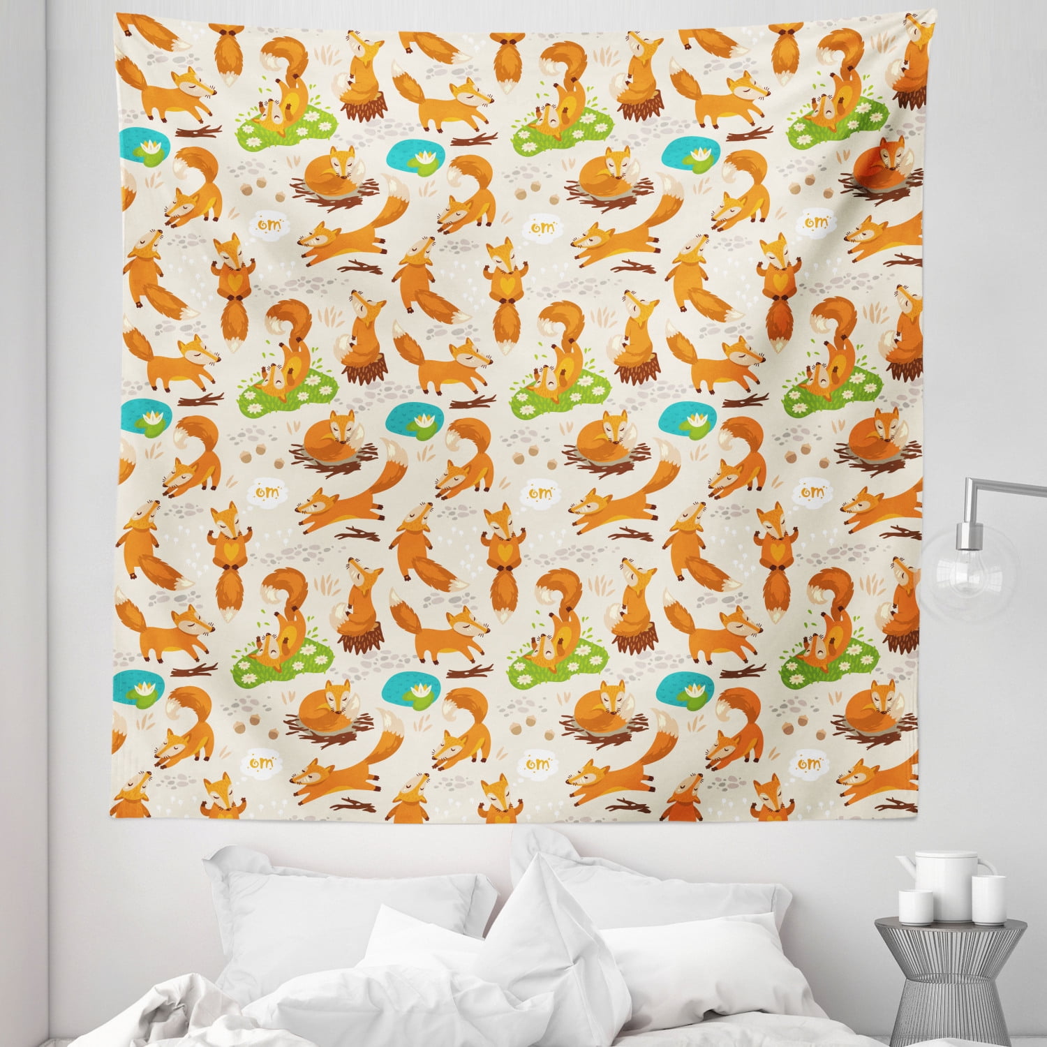 Yoga Tapestry, Flexing and Stretching Fox Little Cartoon Animals Dotted ...